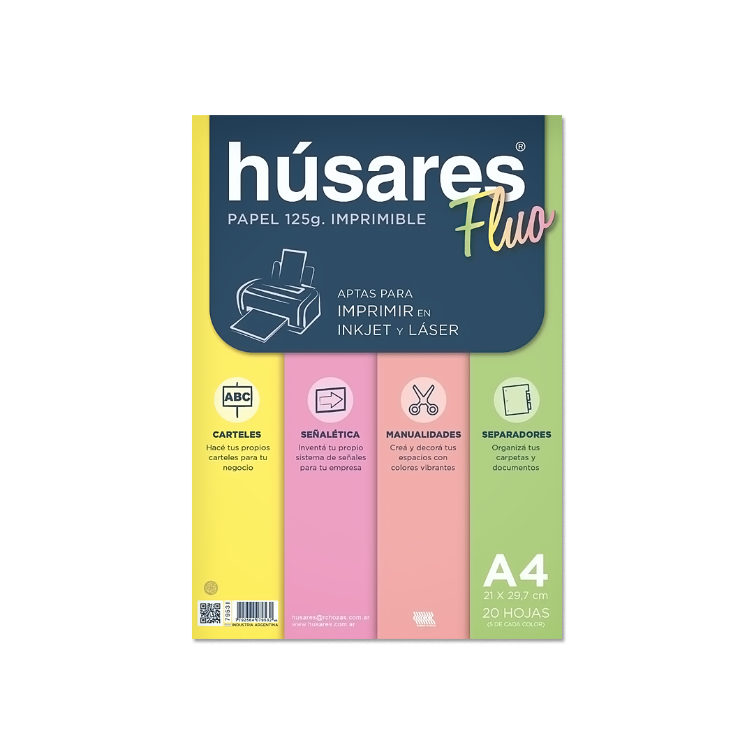RESMA HÚSARES A4 FLUO 4 COLORES X20 HOJAS #7953 | NT Digital